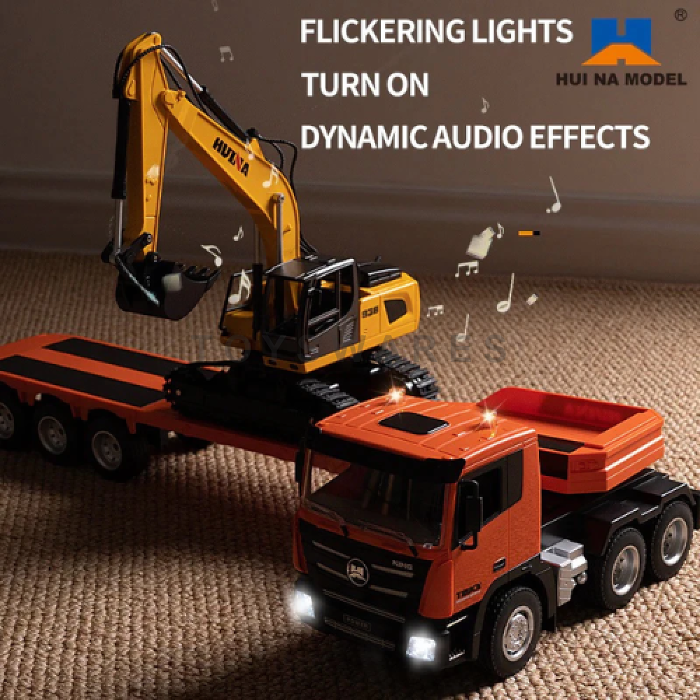 [NEW] HUINA 1319 RC Flatbed Trailer + Excavator 1/18 Scale 2.4GHz 9CH ...