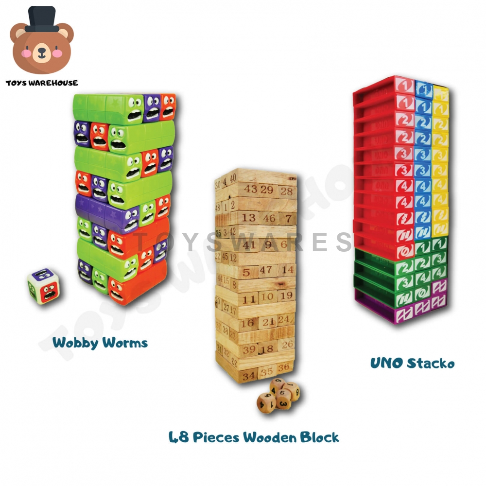 Stacking Family Game Collection (Wooden Stack / Wobbly Worm / UNO Stacko)